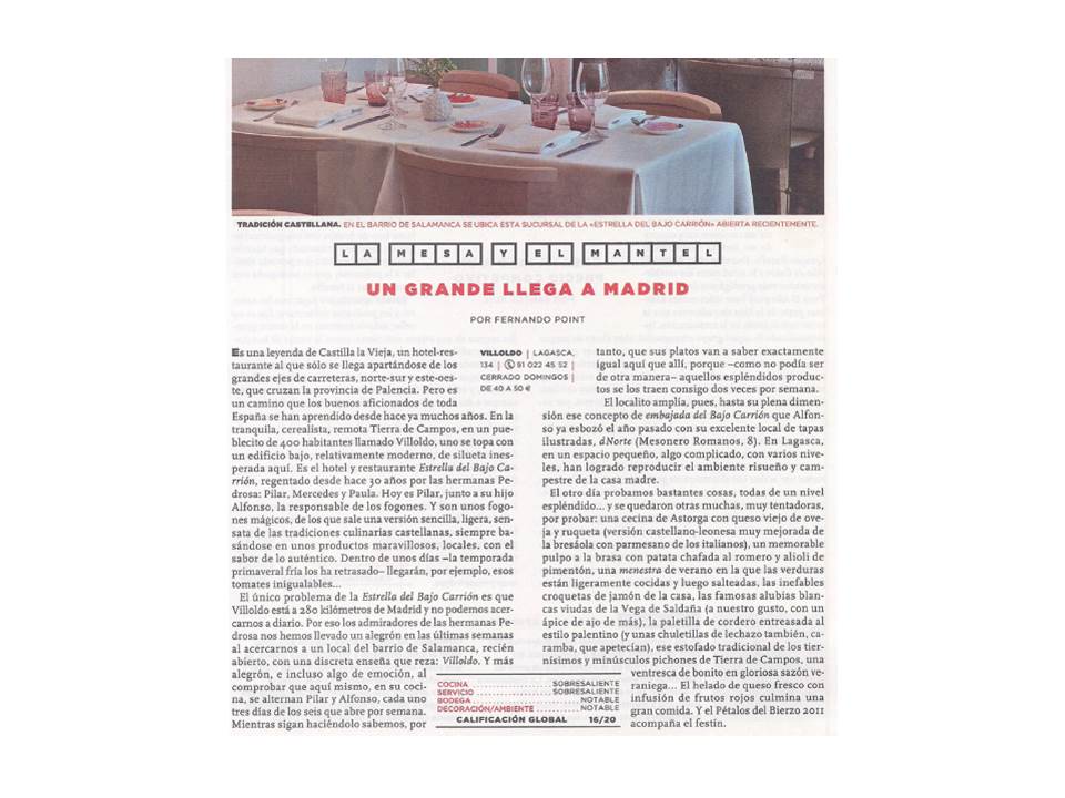 La crítica de Fernando Point en Metropoli - Restaurante Villoldo Madrid